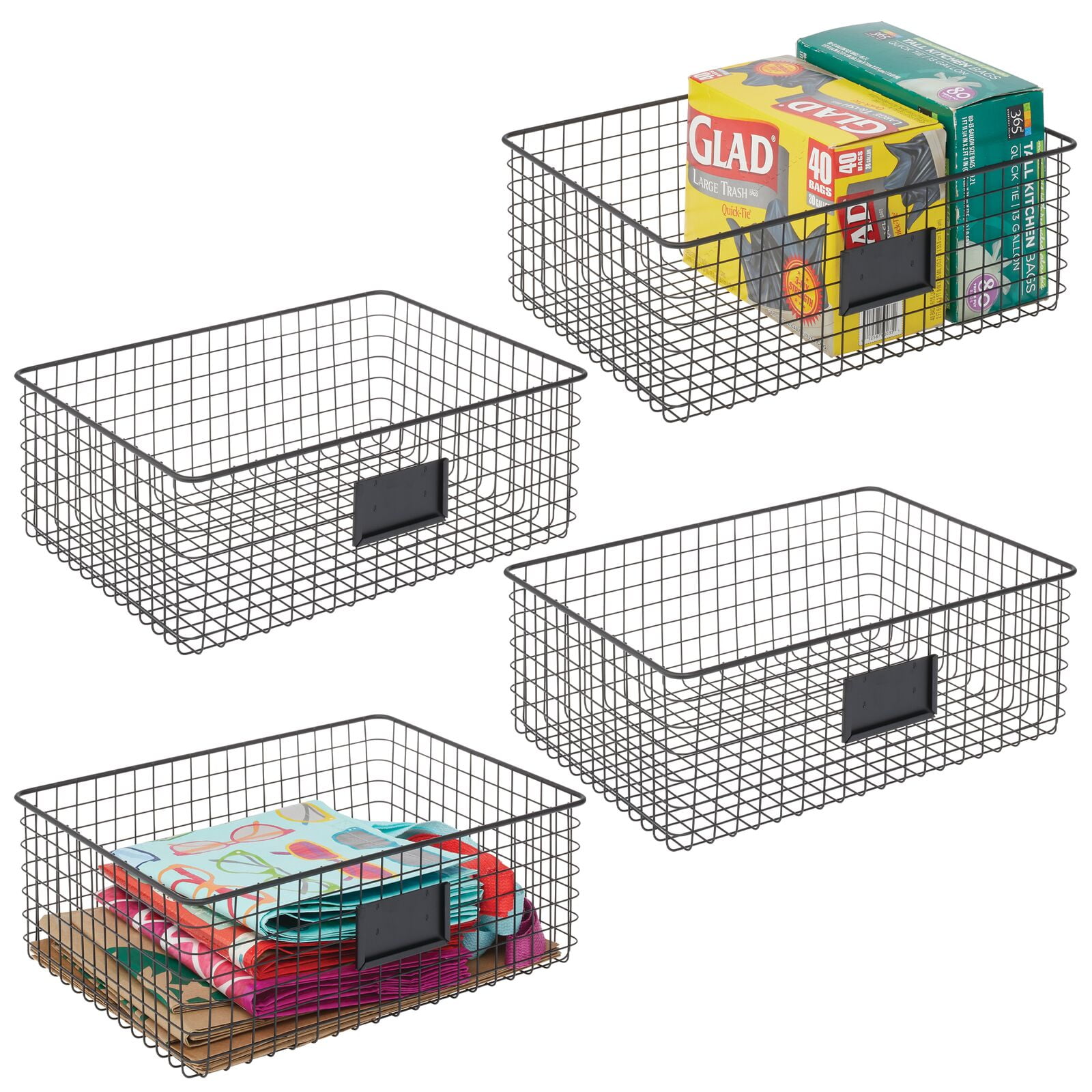 mDesign Wide Steel Kitchen Organizer Basket - Label Slot, 4 Pack, Matte ...
