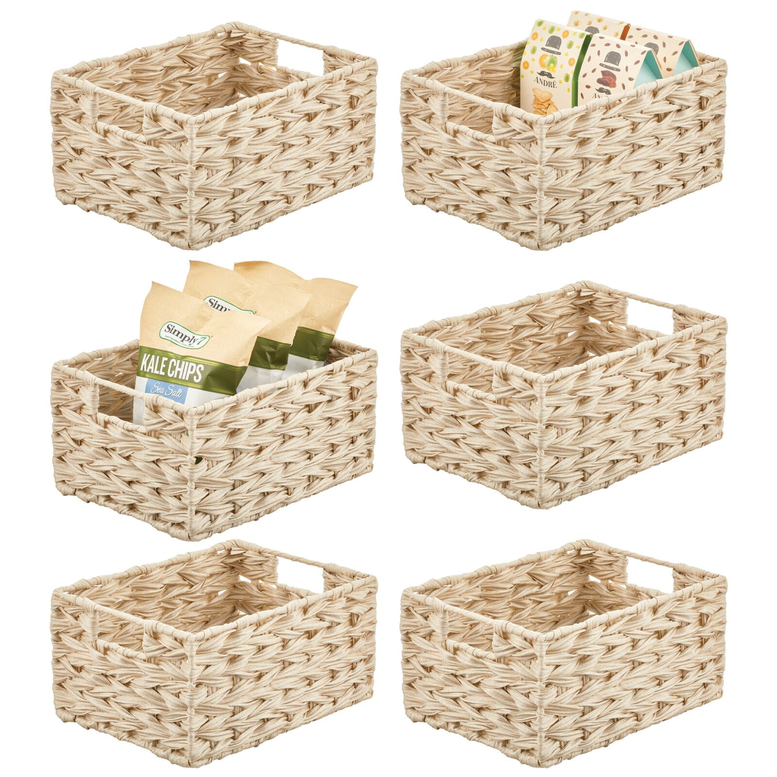 mDesign Plastic Woven Farmhouse Kitchen Pantry Storage Basket Box, 6 ...