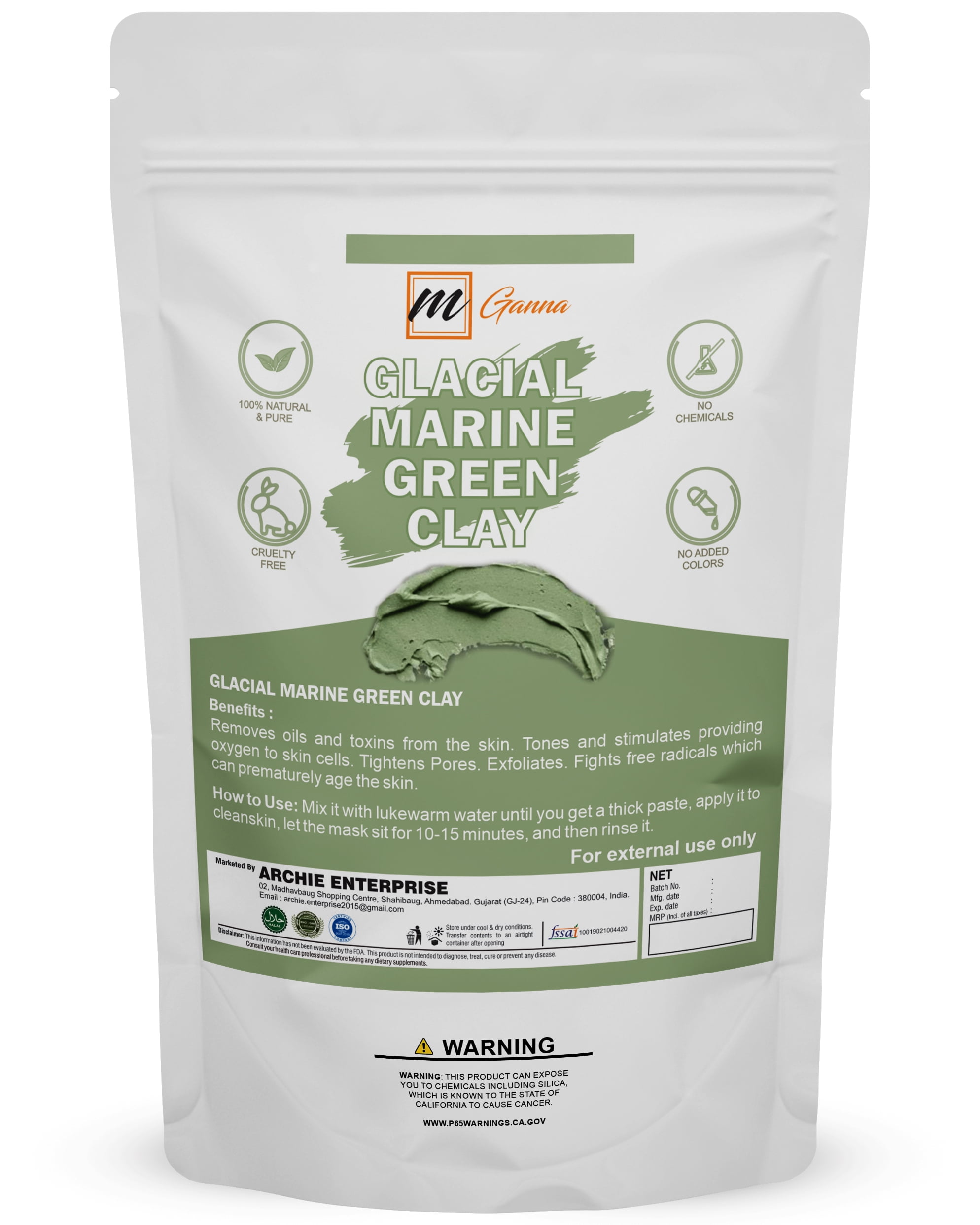 mGanna 100% Natural Glacial Marine Green Clay for Facial Masks, Creams ...