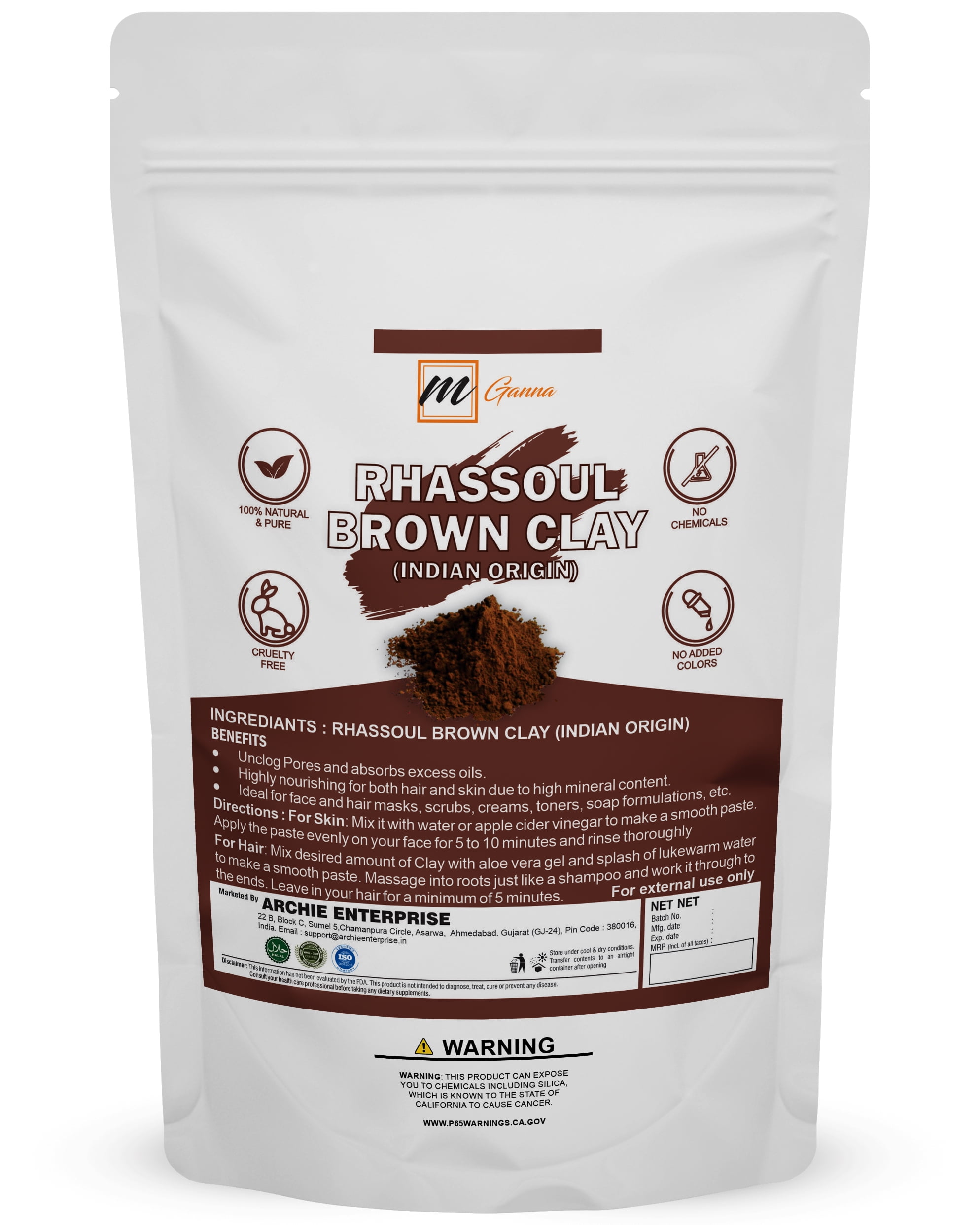 mGanna 100% Natural Rhassoul Clay (Indian Origin) for Anti-Ageing & Skin firming, Hair Masks ...