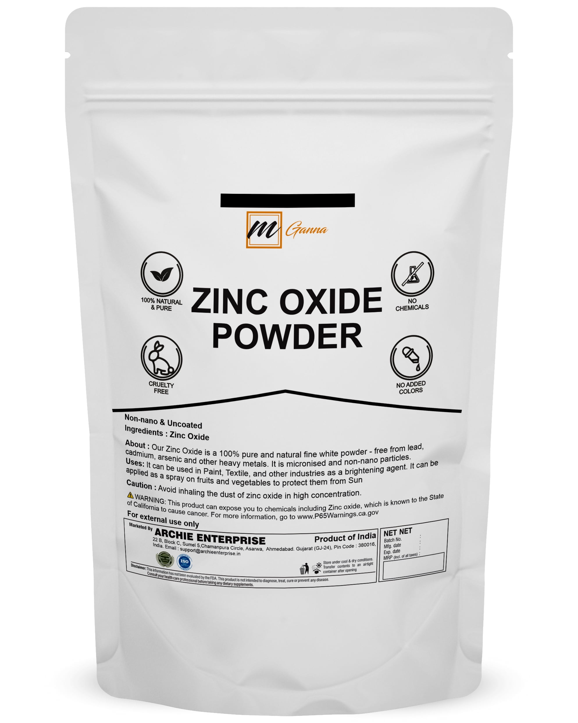 mGanna 100% Natural Zinc Oxide Powder Micronized Non-Nano Uncoated ...