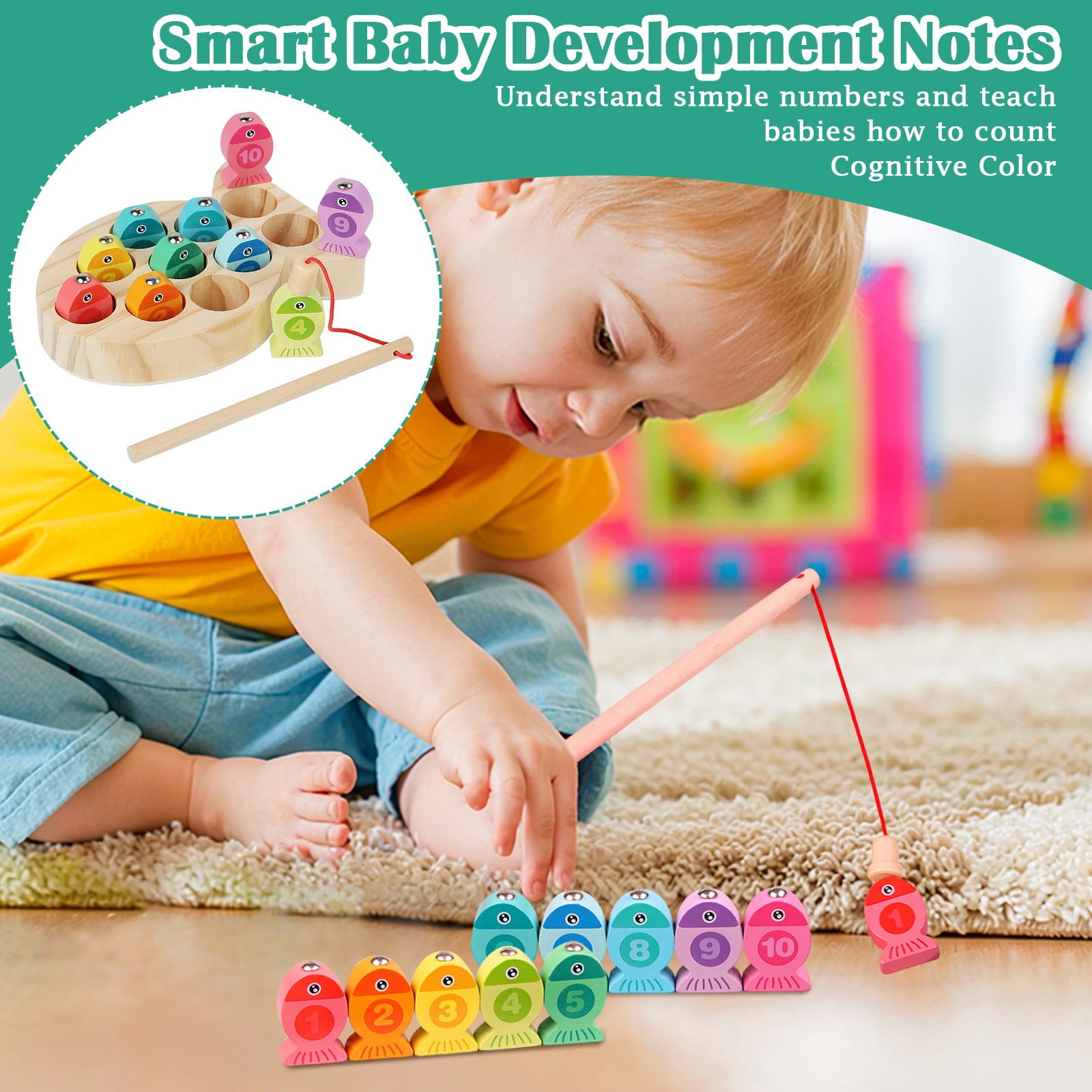 This magnetic wooden fishing game helps develop hand-eye coordination ...