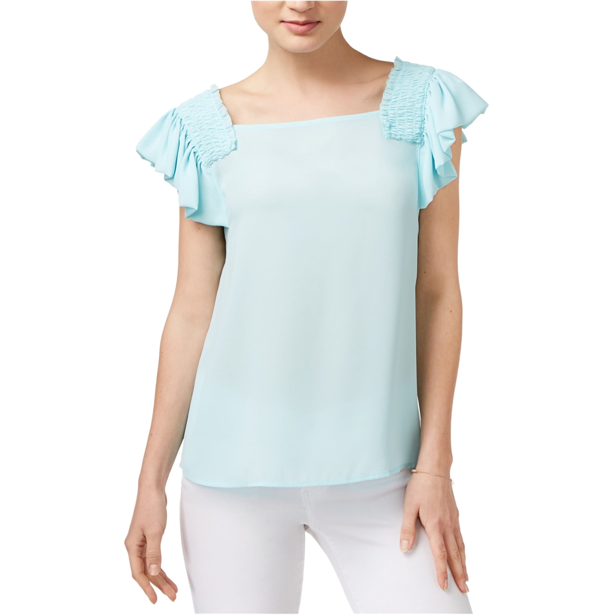 maison Jules Womens Smocked Flutter-Sleeve Pullover Blouse, Blue, X-Large - Walmart.com