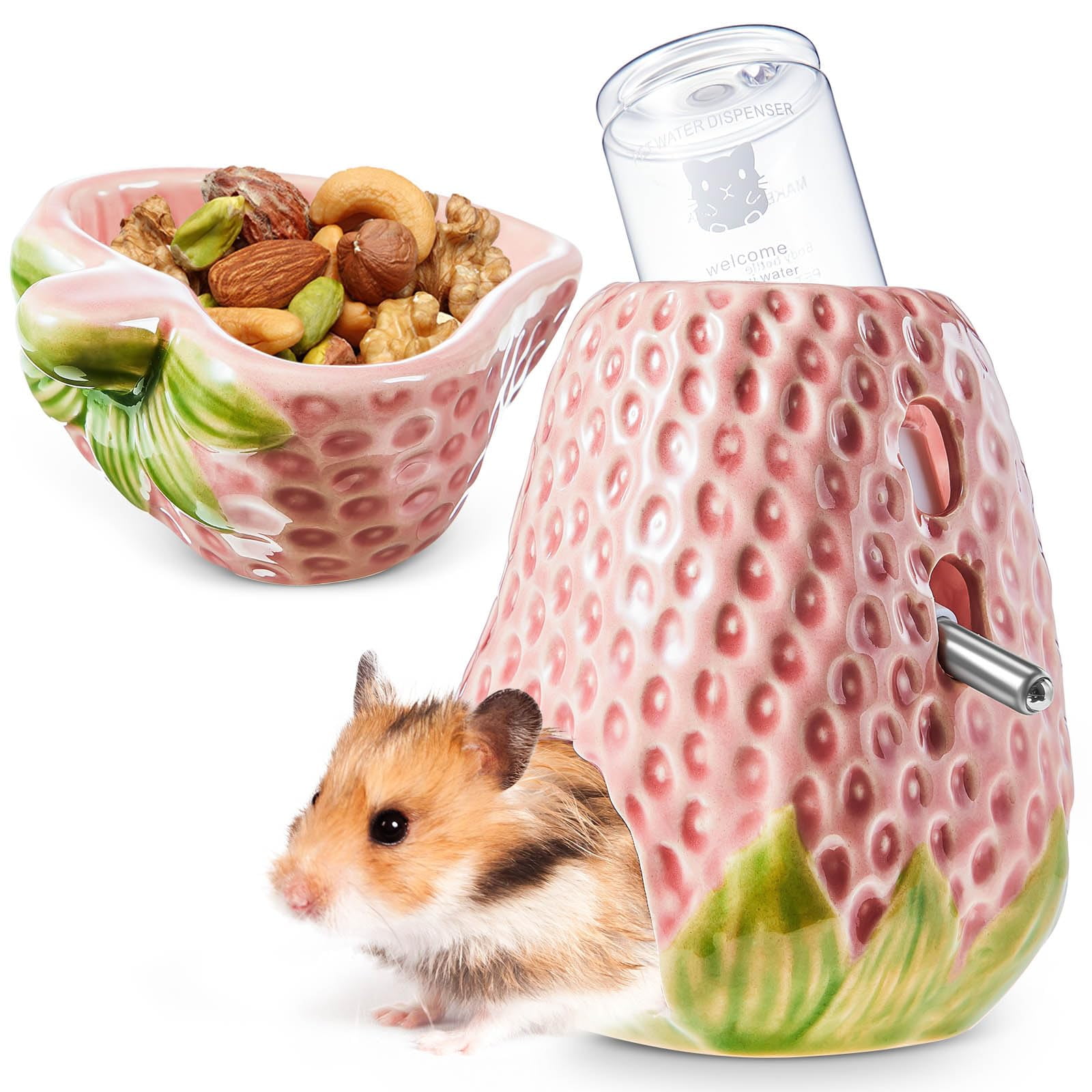 malijiemaoyi 3 in 1 Hamster Water Bottle and Bowl Set Strawberry Gerbil ...