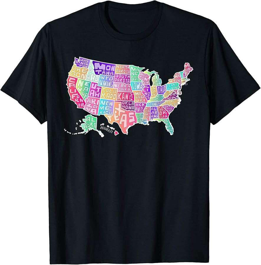 map of USA with state names Typography Map T-Shirt - Walmart.com