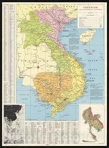 map : vietnam 1965, vietnam and neighboring countries, antique vintage ...