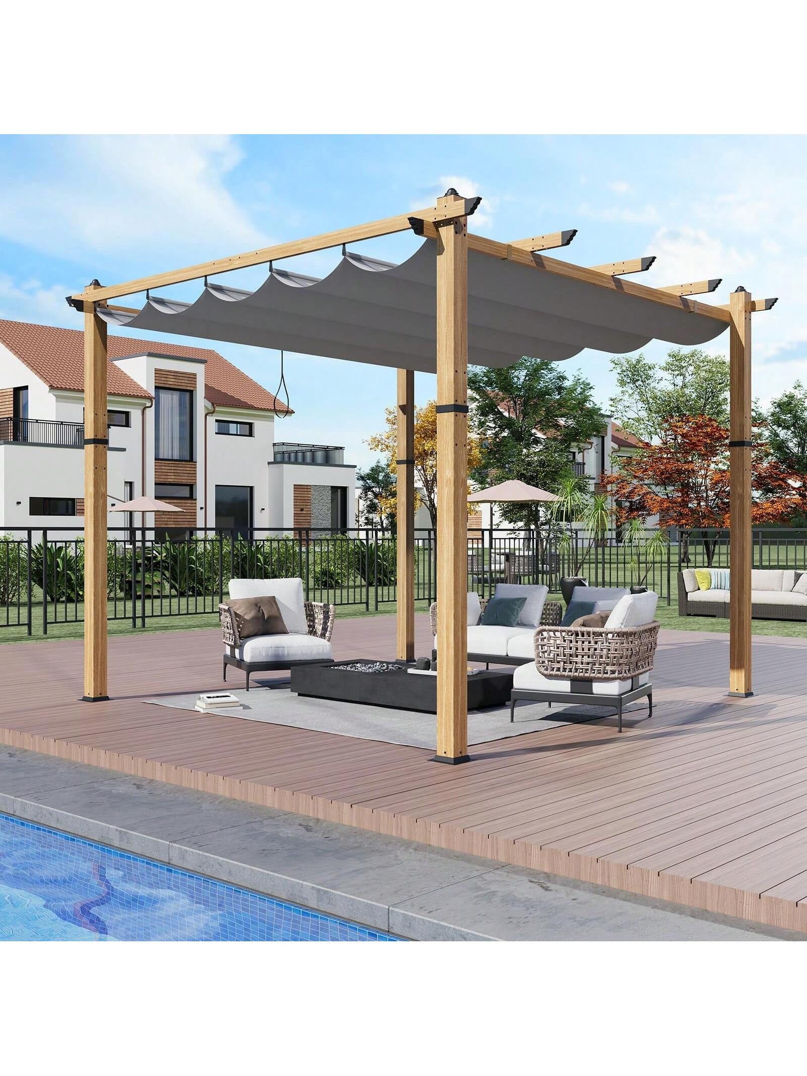 maroon- 10 X 10 Ft Wood-Grain Aluminum Pergola OutdoorGazebo With ...