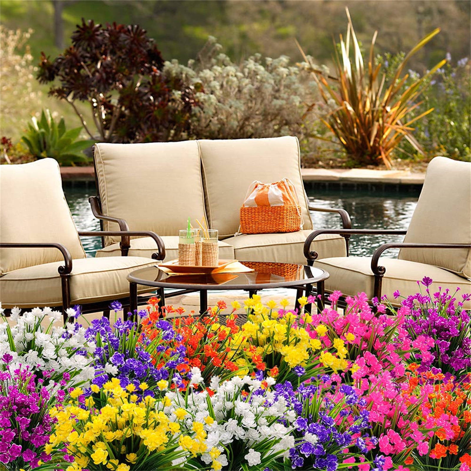 maxiaoxia 8 Bundles Artificial Outdoor Flowers Fake Flowers Green ...