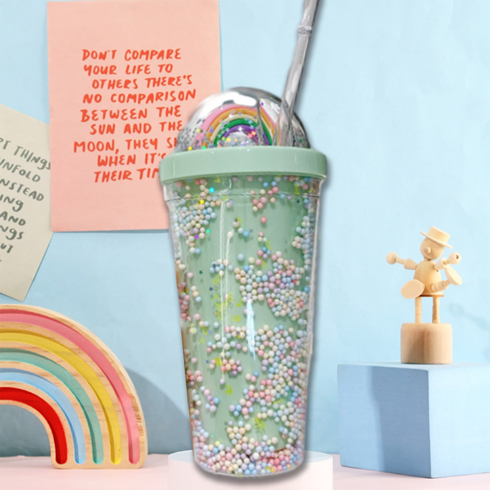 maxiaoxia Rainbow Cup with Straw, Double Wall Plastic Cup, 18.6 oz ...