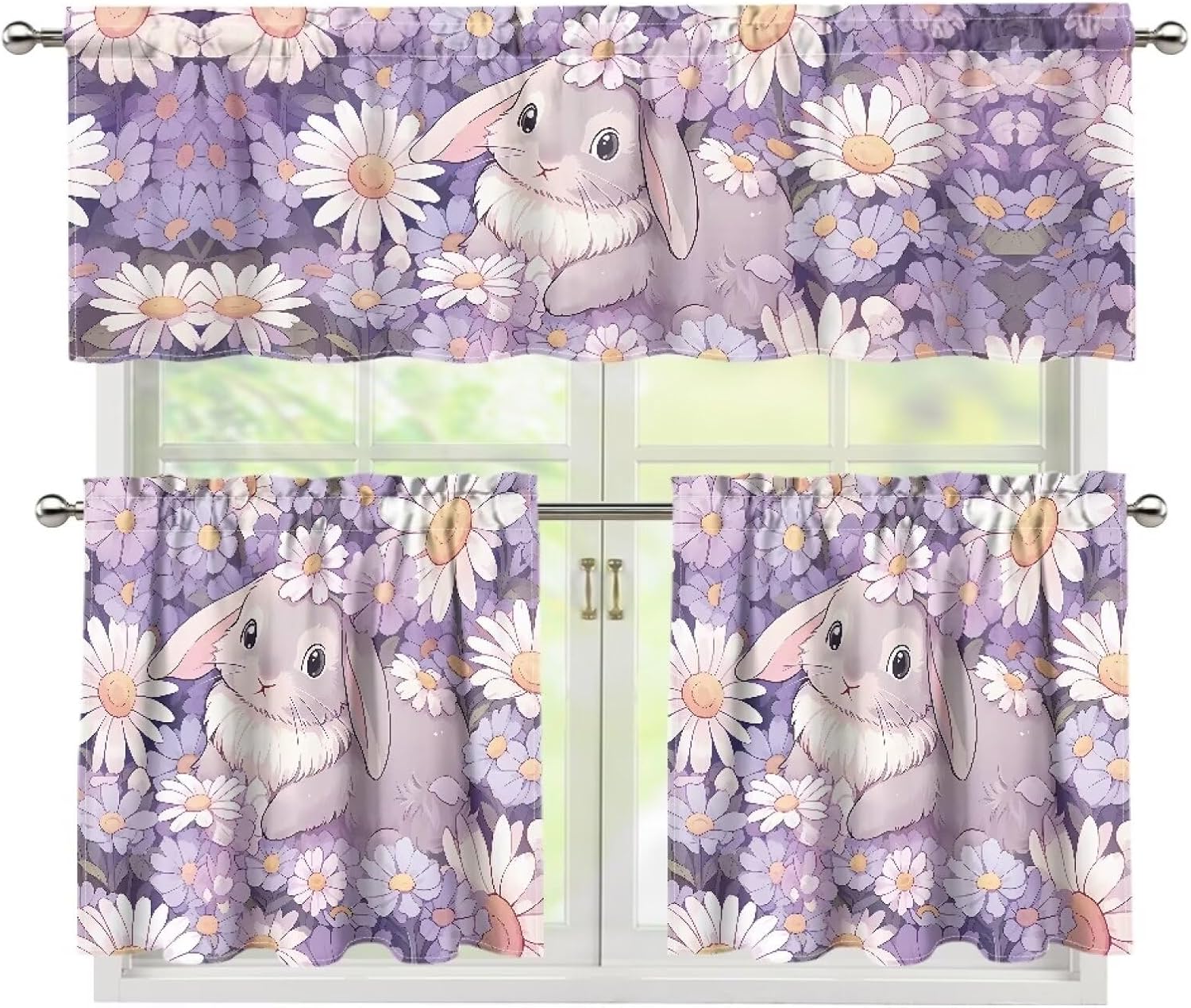 mayuai Easter Kitchen Curtains and Valances Set 3 Pieces Floral Rabbit ...