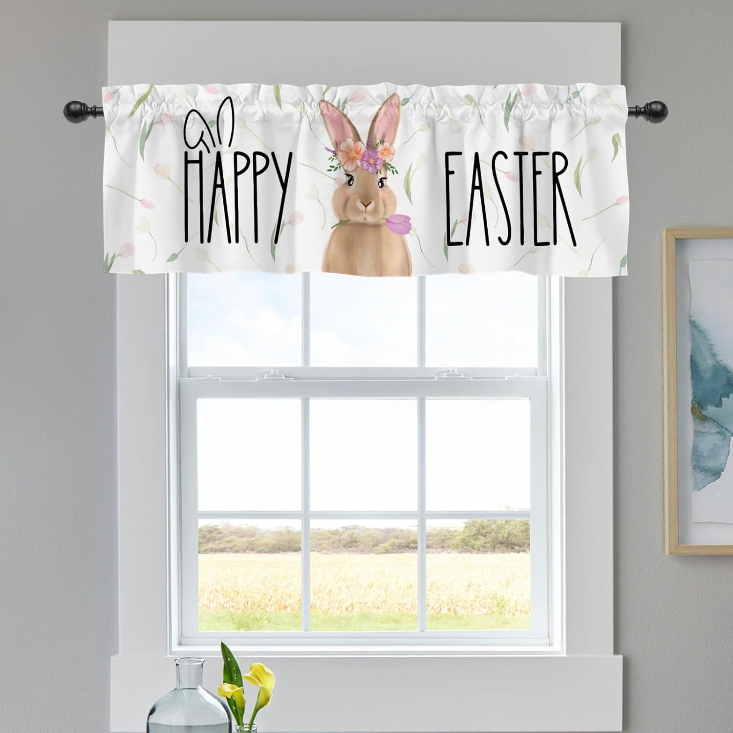 mayuai Spring Happy Easter Bunny Tulip Flower Curtains Valance for ...