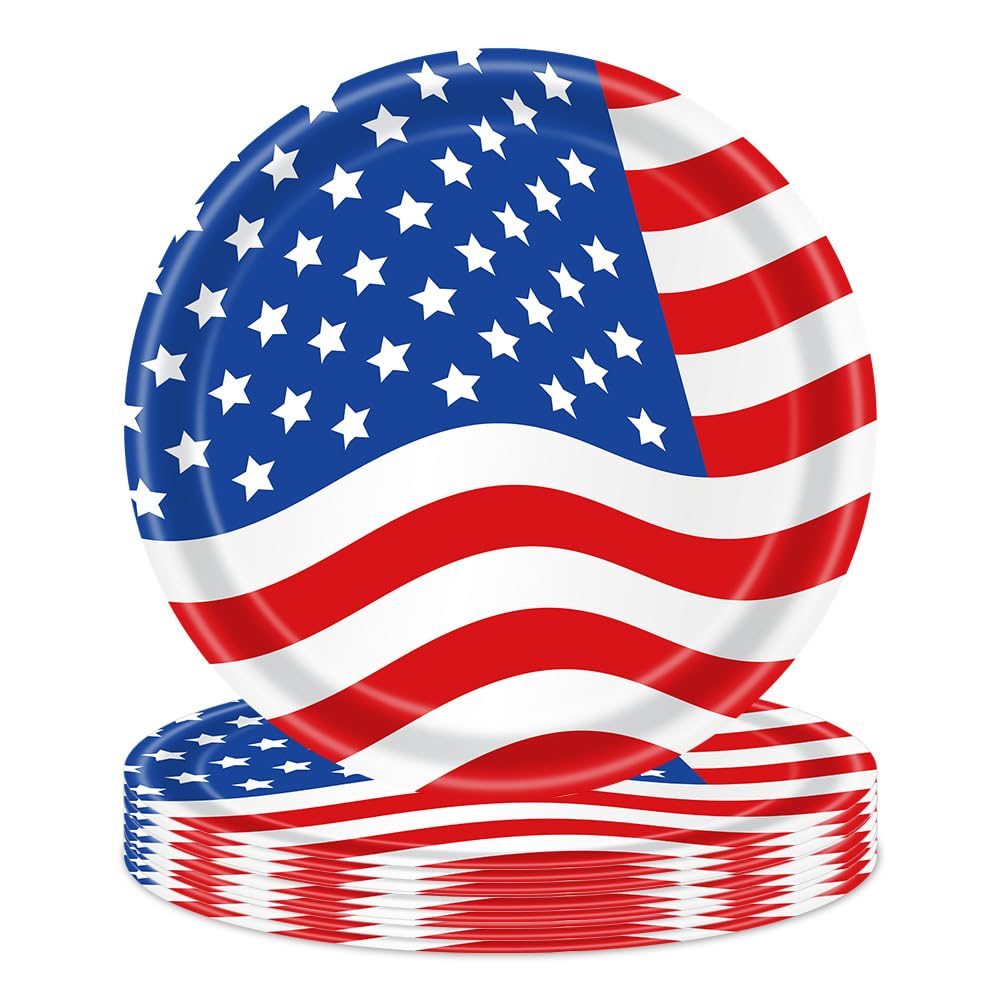 mdgfge 24Pcs 4th of KEF16 July Paper Plates Wavy American Flag 4th of ...