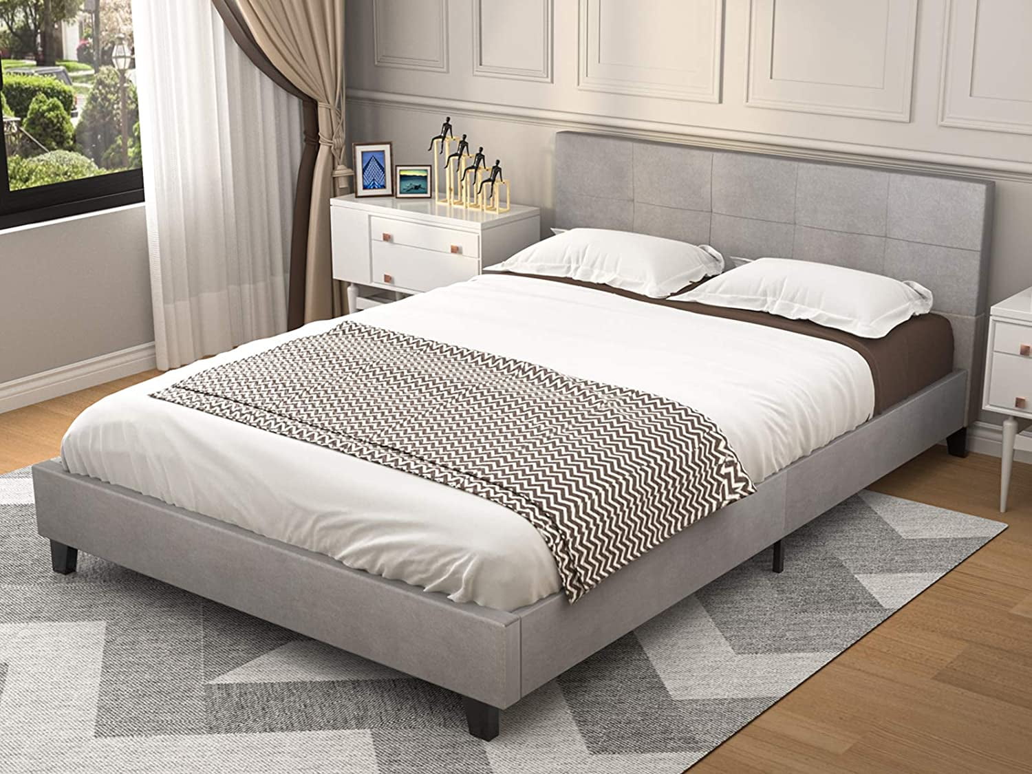 mecor Queen Platform Bed / Metal Frame with Tufted Square Stitched ...