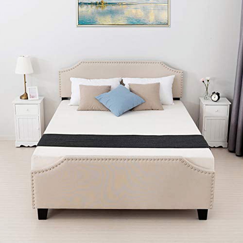 mecor Queen Upholstered Linen Platform Bed with Curved Shape Headboard ...