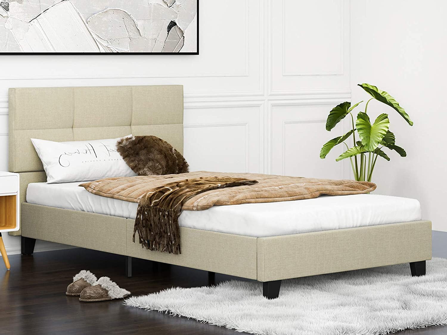 mecor Twin Upholstered Linen Platform Bed / Metal Frame with Tufted ...