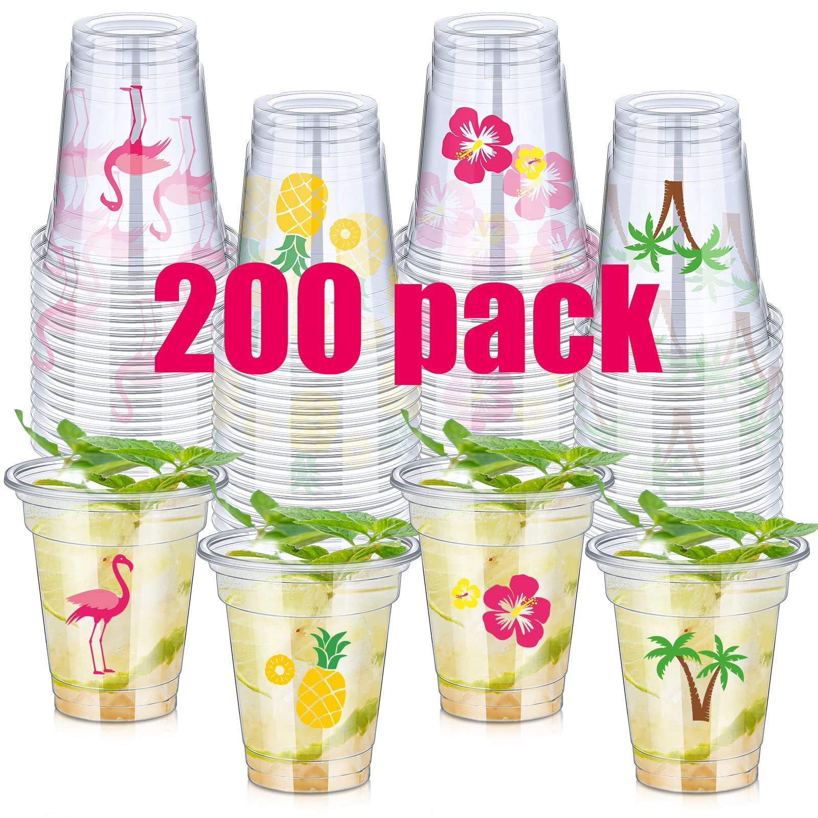 meekoo 200 Pack AJH3 12 oz Clear Disposable Luau Cups Hawaiian Flamingo ...