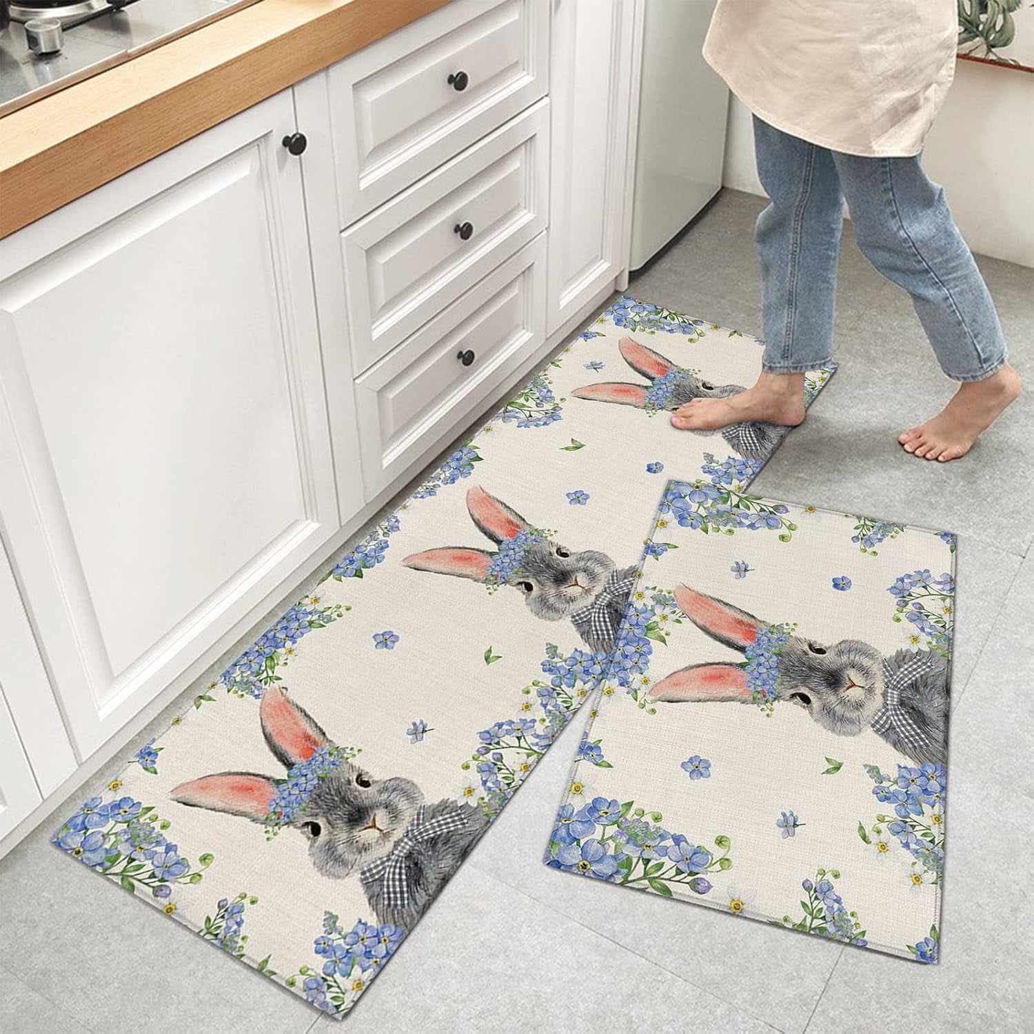 megaoo Kitchen Mats for Floor, Blue Spring Flower Easter Rabbit Kitchen ...