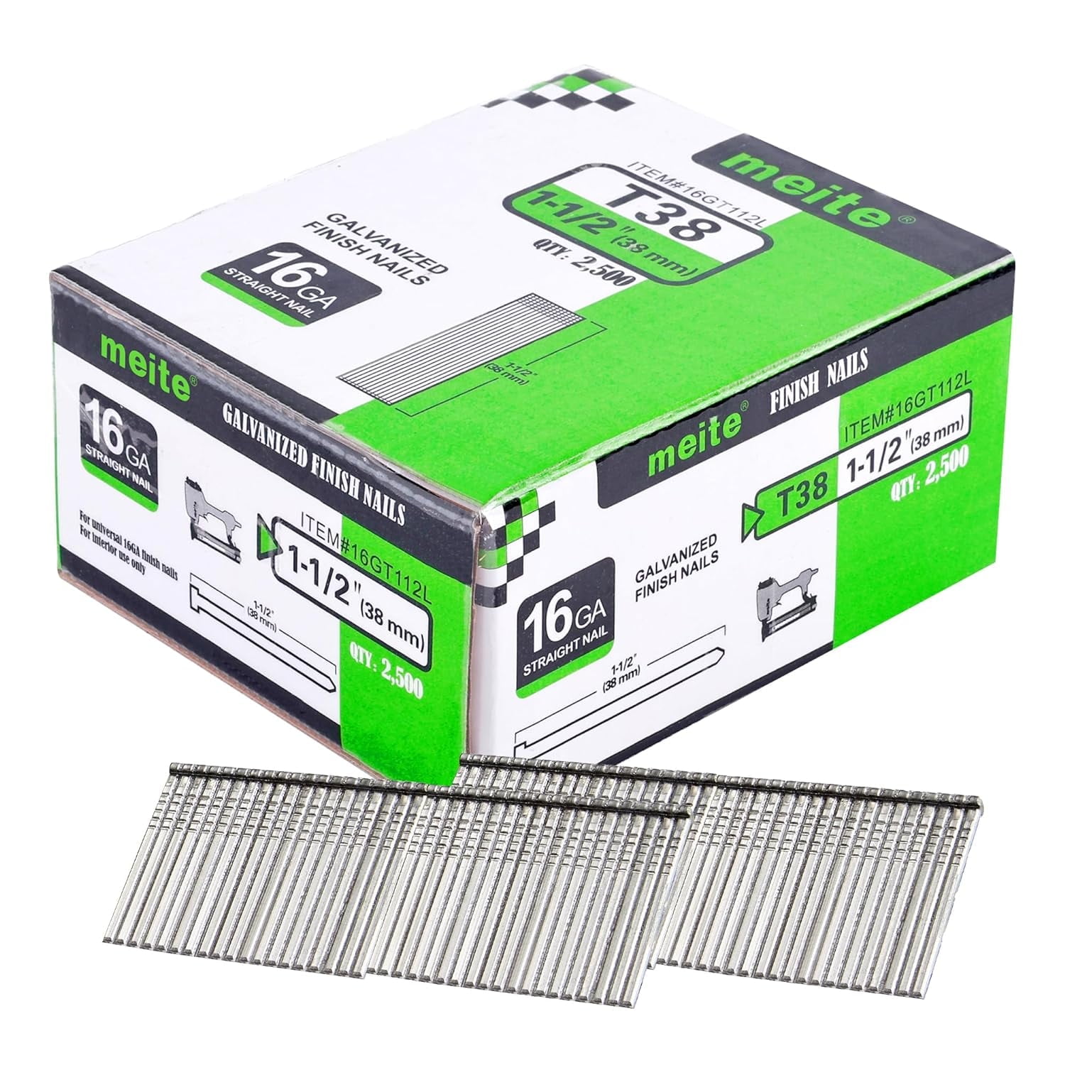 2,500 PCS MEITE 16 Gauge Finish Nails, 1-1/2-Inch Length, Galvanized ...