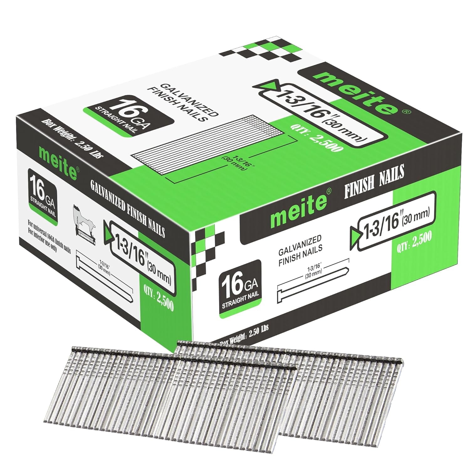 2,500 PCS MEITE 16 Gauge Finish Nails, 1-3/16-Inch Length, Galvanized ...