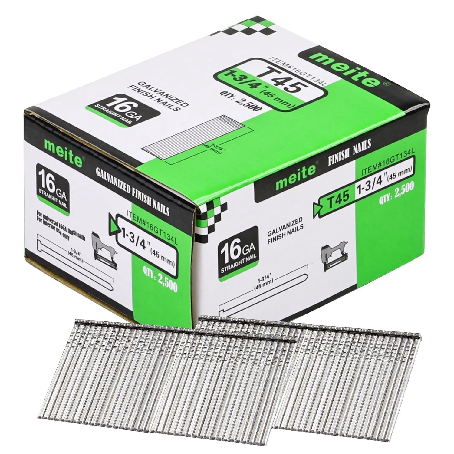 2,500 PCS MEITE 16 Gauge Finish Nails, 1-3/4-Inch Length, Galvanized ...