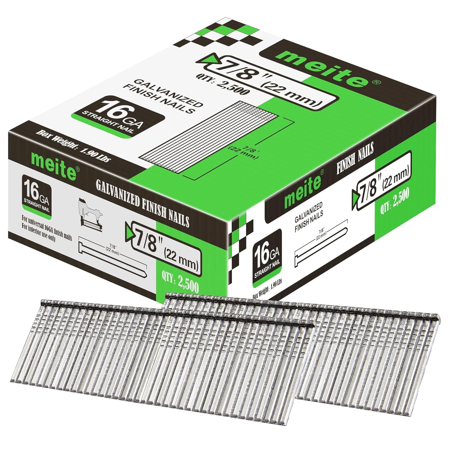 2,500 PCS MEITE 16 Gauge Finish Nails, 7/8-Inch Length, Galvanized ...