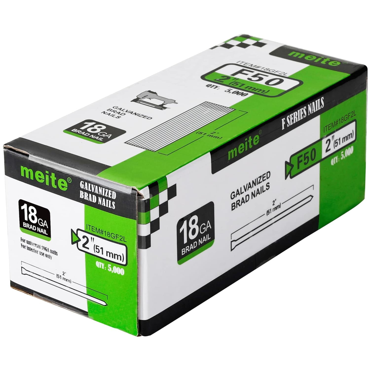 meite F50 18 Gauge 2-Inch Leg Length Galvanized Brad Nail Ideal for Upholstery, Trims, Molding ...