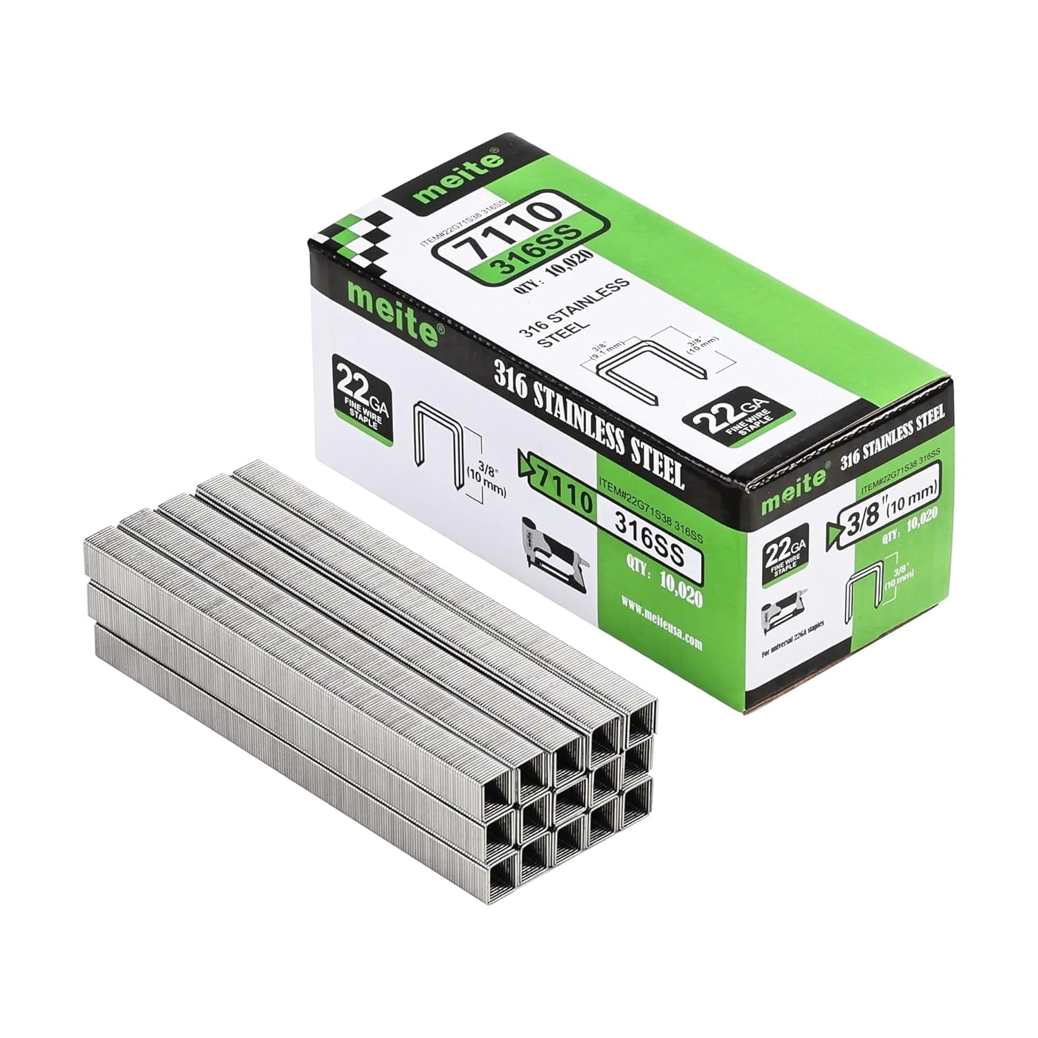 MEITE 22GA 71 Type 10mm 316 Stainless Steel Staples, 3/8" Crown 3/8 ...