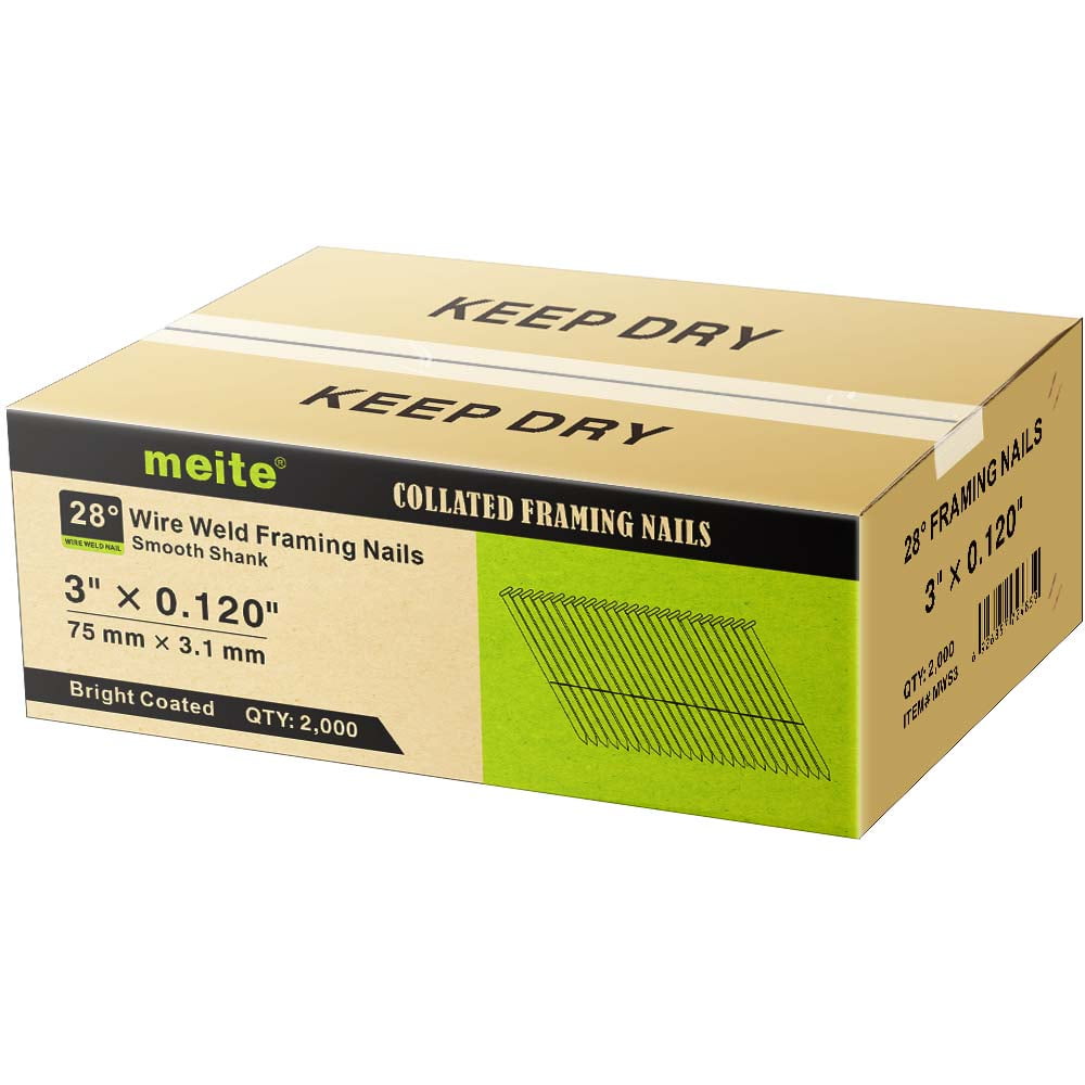 meite 28 Degree Framing Nails, 3" * .120" Wire Weld Collated Smooth ...