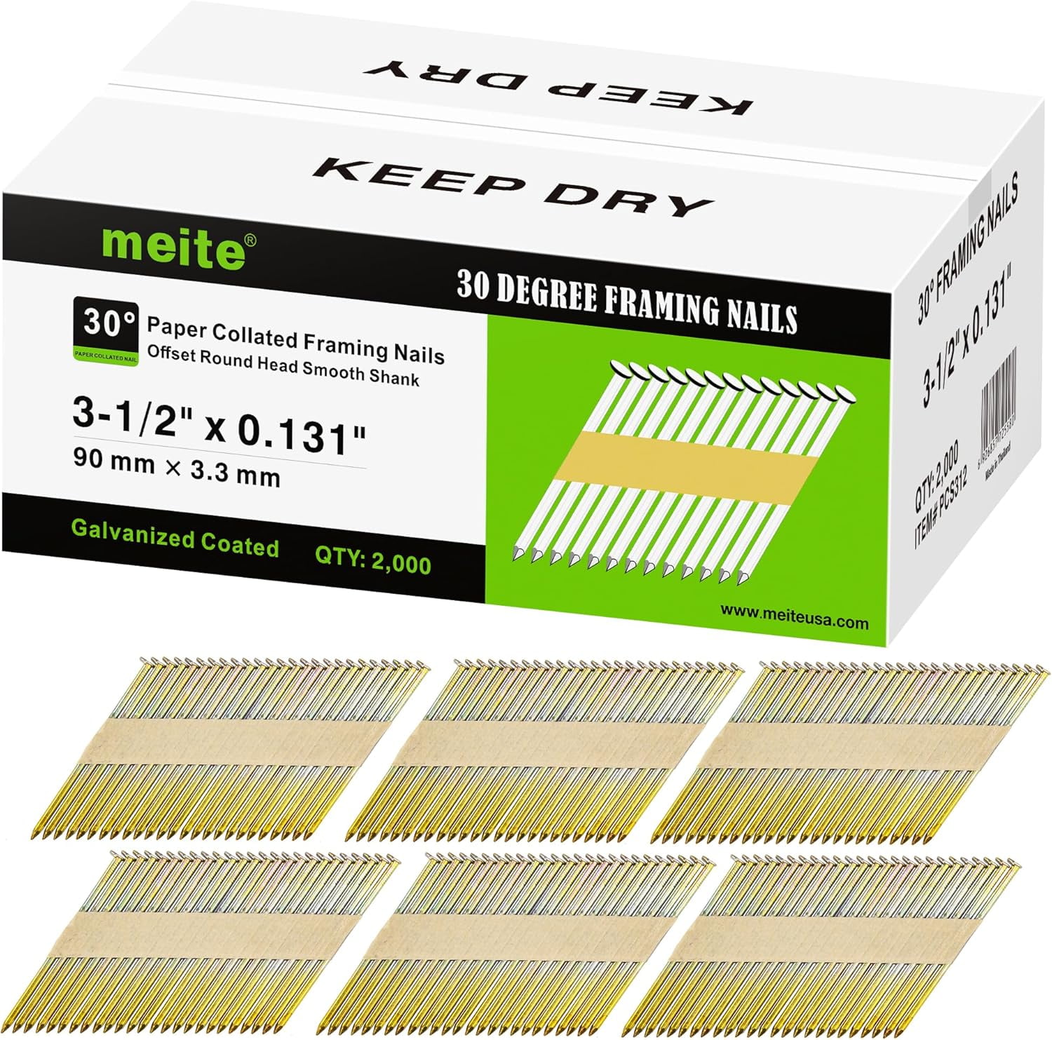 meite 30 Degree Framing Nails 3-1/2-Inch x .131-Inch, Galvanized Coated ...