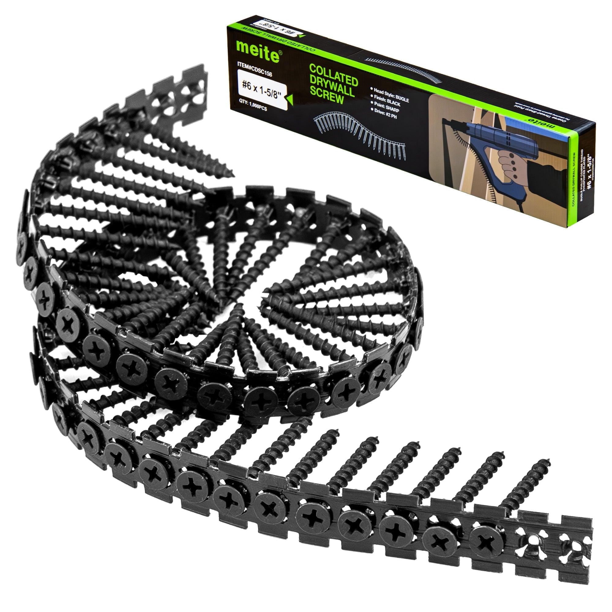 Meite 1,000 Counts /Box Collated Coarse Thread Drywall Screws 1-5/8 ...