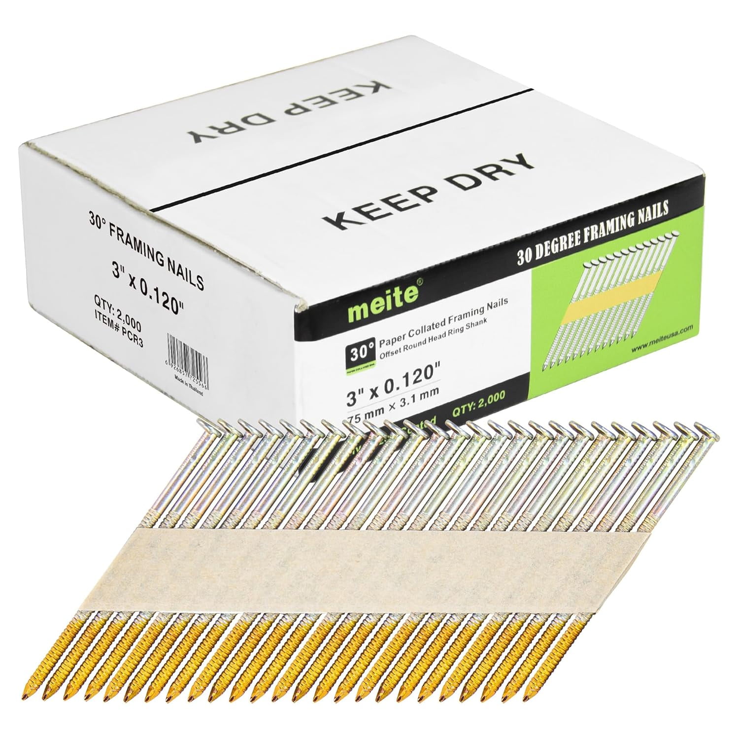 meite Framing Nails, 3-Inch x .120-In, 30-Degree, Ring Shank, Offset ...