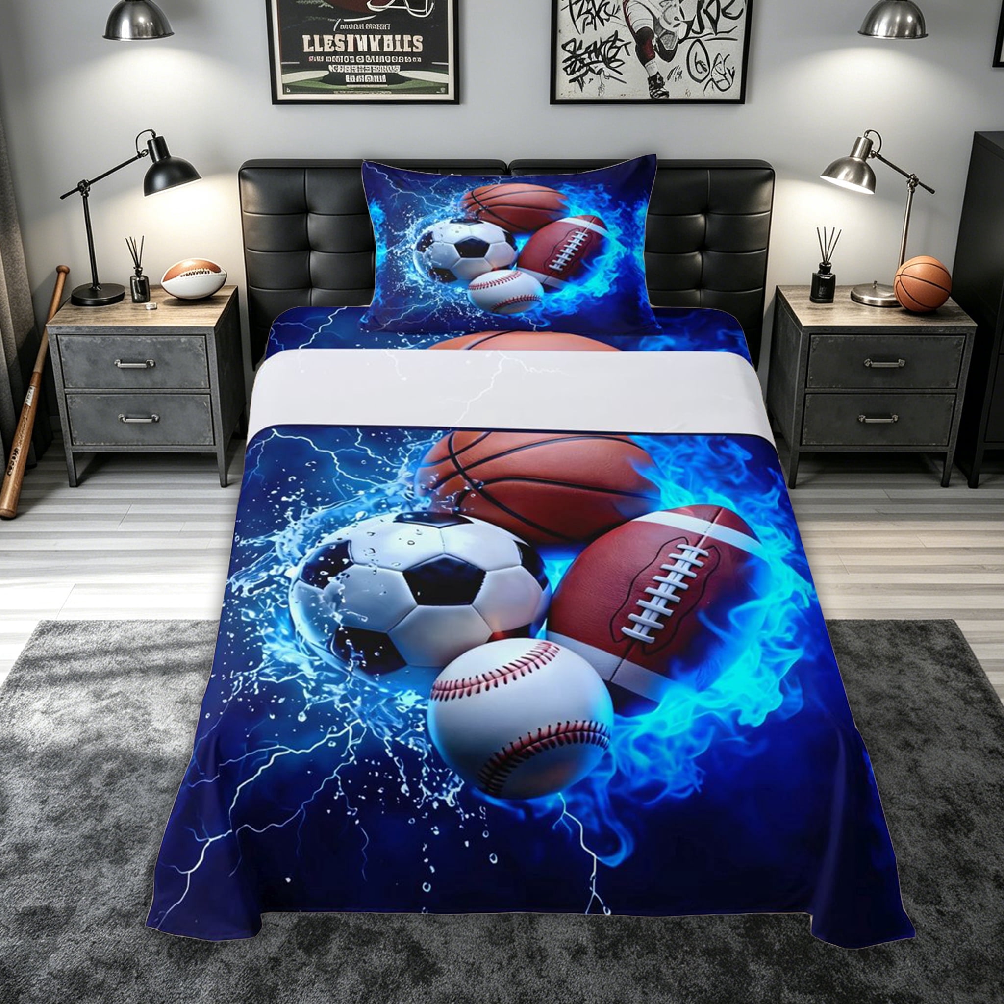 meiyoeat Blue Fire Sports Twin Sheets for Kids Kids Boys, Ice Lightning ...