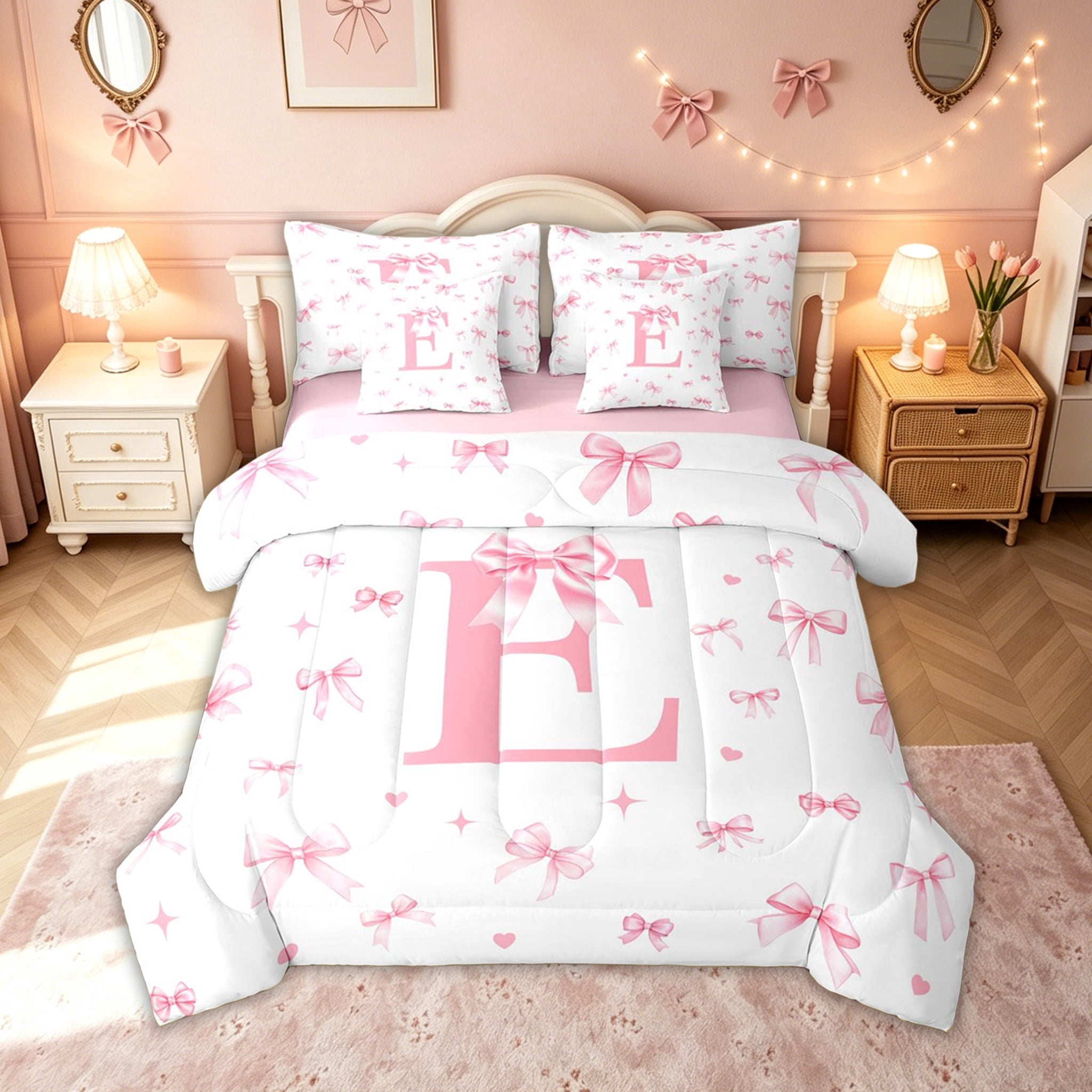 meiyoeat Bow Letter E Full Size Bedding Sets for Girls, Kawaii Print ...