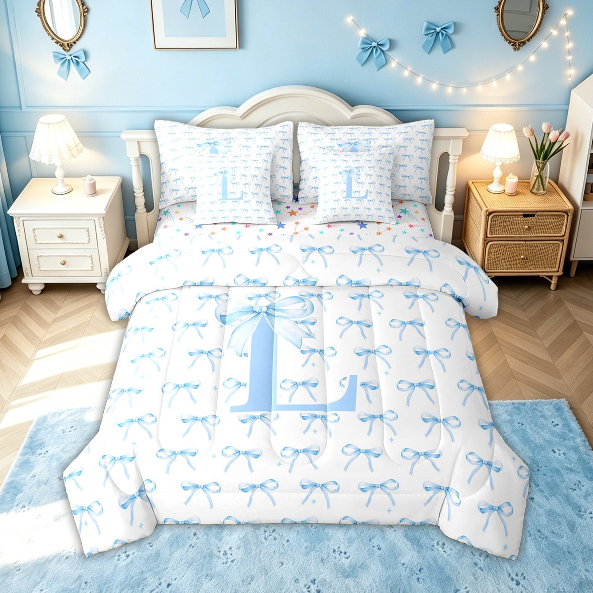 meiyoeat Cartoon Bow Letter L Twin Bedding for Kids Girls, Aesthetic ...