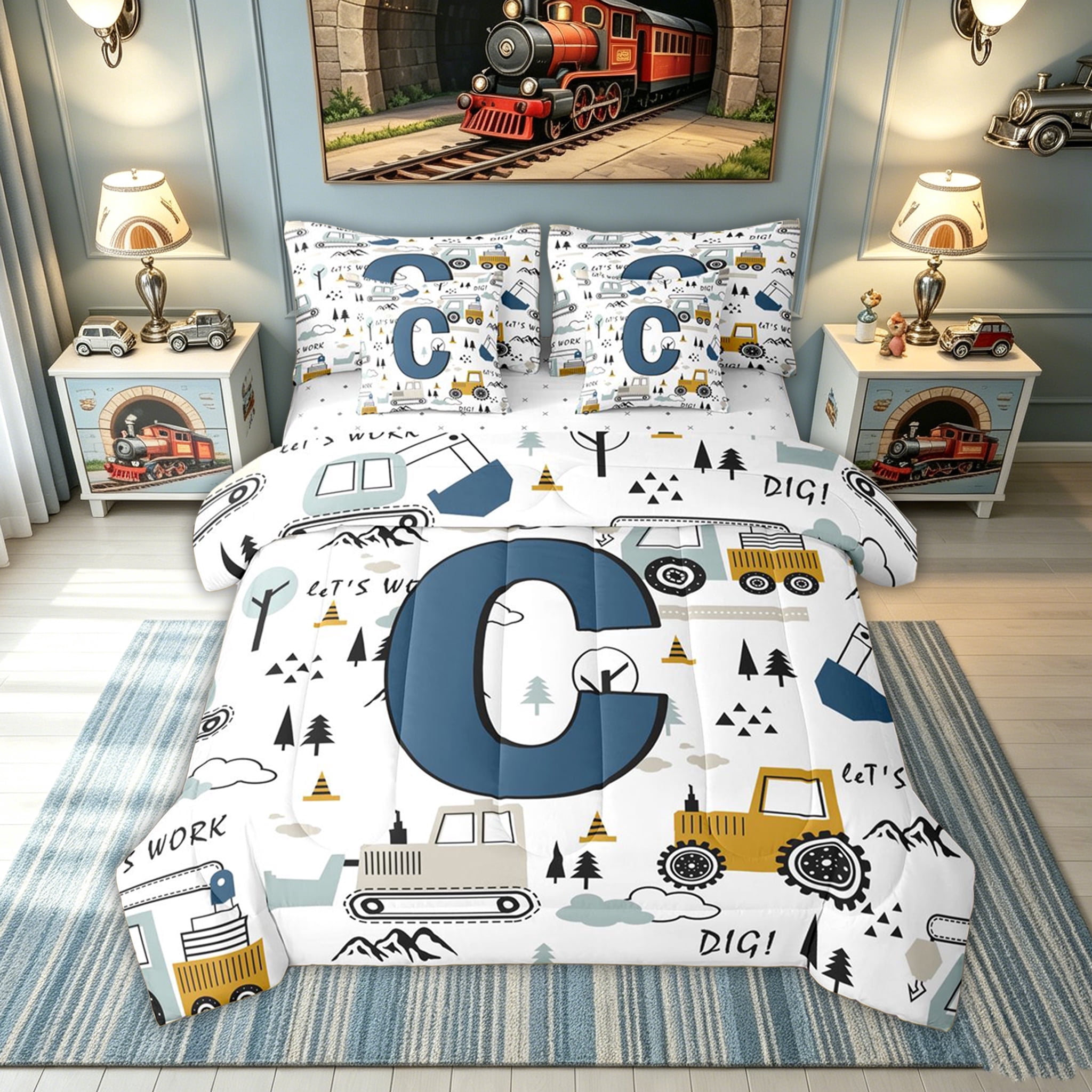 meiyoeat Construction Letter C Twin Bedding for Boys, Vehicle Print ...