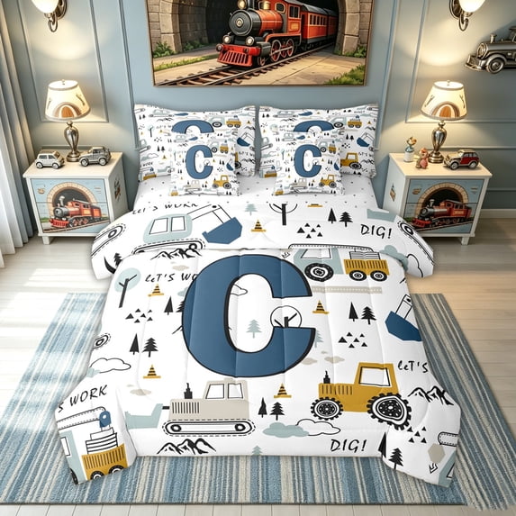 meiyoeat Construction Letter C Twin Bedding for Boys, Vehicle Print ...