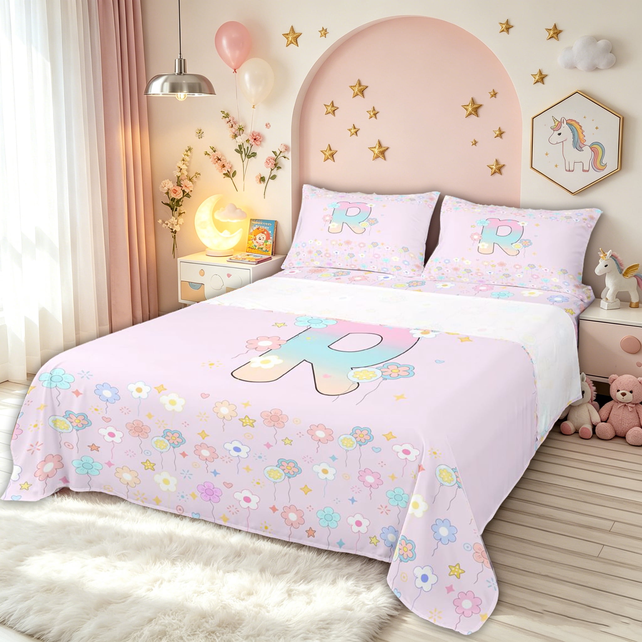 meiyoeat Cute Floral Letter R Bed Sheets for Kids Girls, Pastel Initial ...