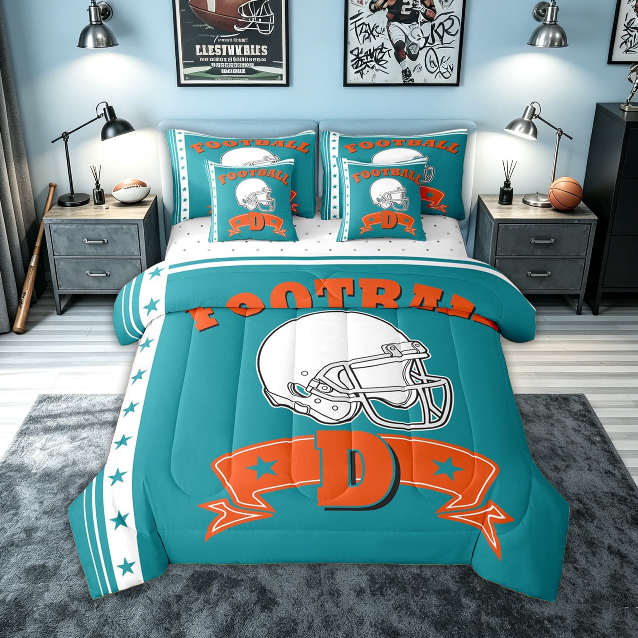 meiyoeat Football Letter D Twin Bedding for Boys, Rugby Sport Helmet ...