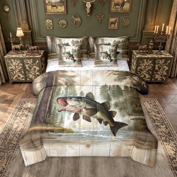 meiyoeat Hunting Bass Fish Animal Twin Bedding for Men Boys, Retro Lake ...