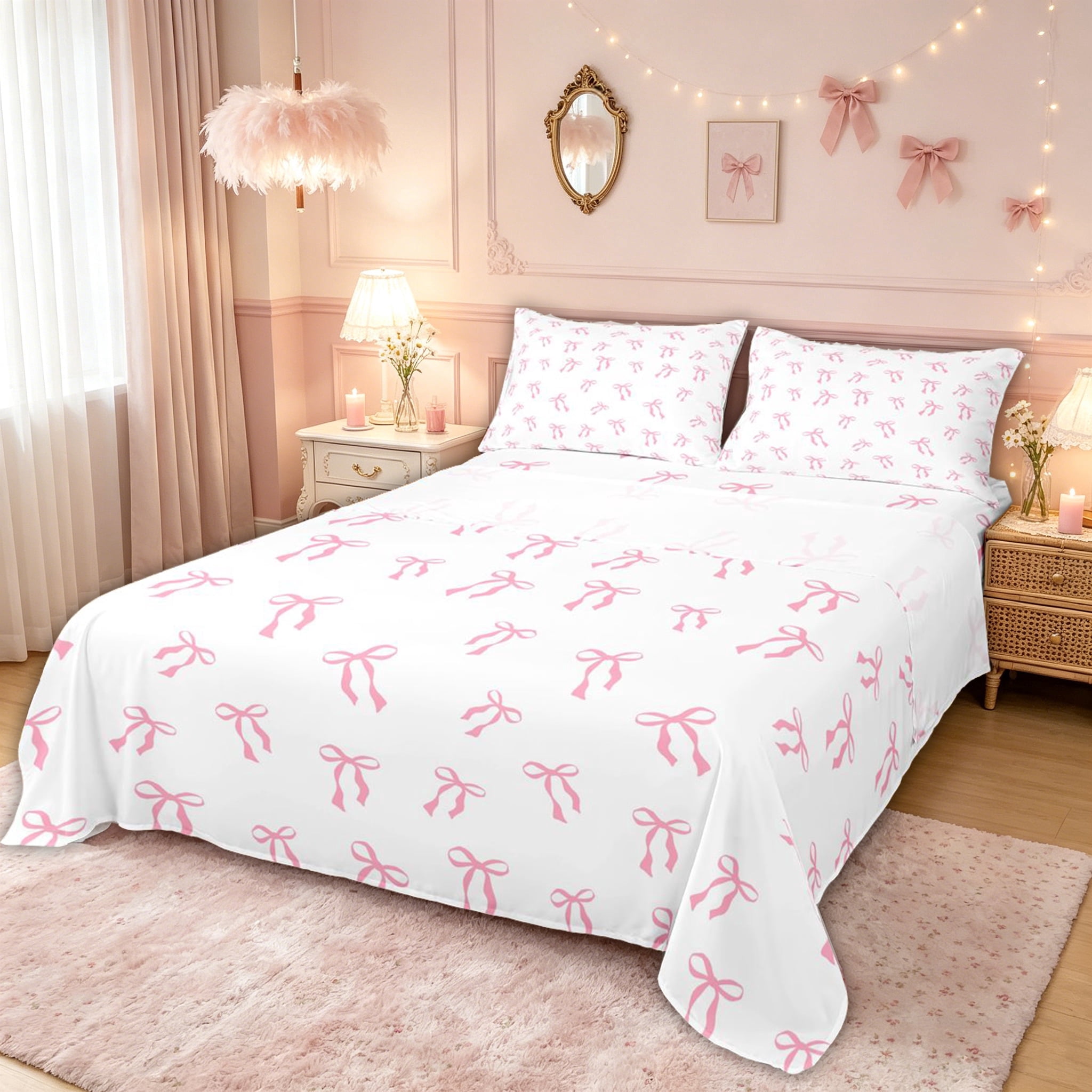 meiyoeat Minimalist Bow Print Bed Sheets for Kids Girls, Simple Cartoon ...