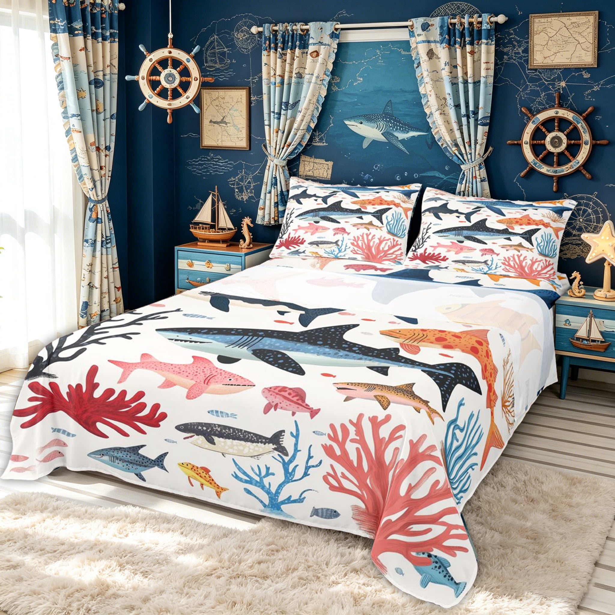 meiyoeat Vintage Ocean Shark Bed Sheets for Kids Boys Girls, Coastal ...