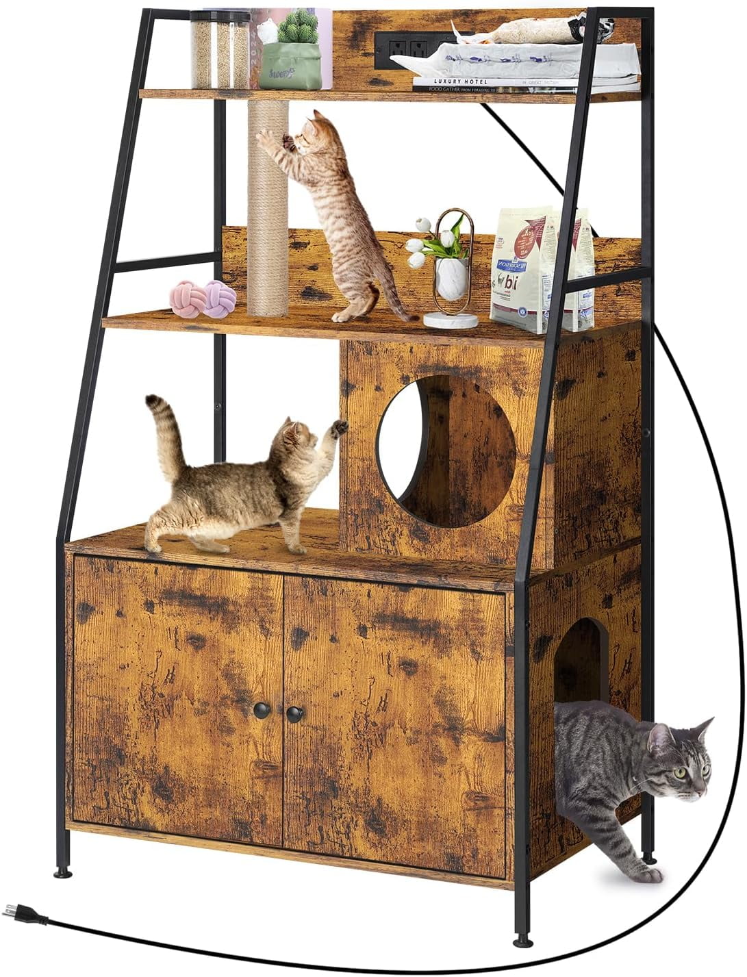 melos Cat Litter Box Enclosure with 2 Storage Shelves, Hidden Litter Box, Cat Litter Box ...