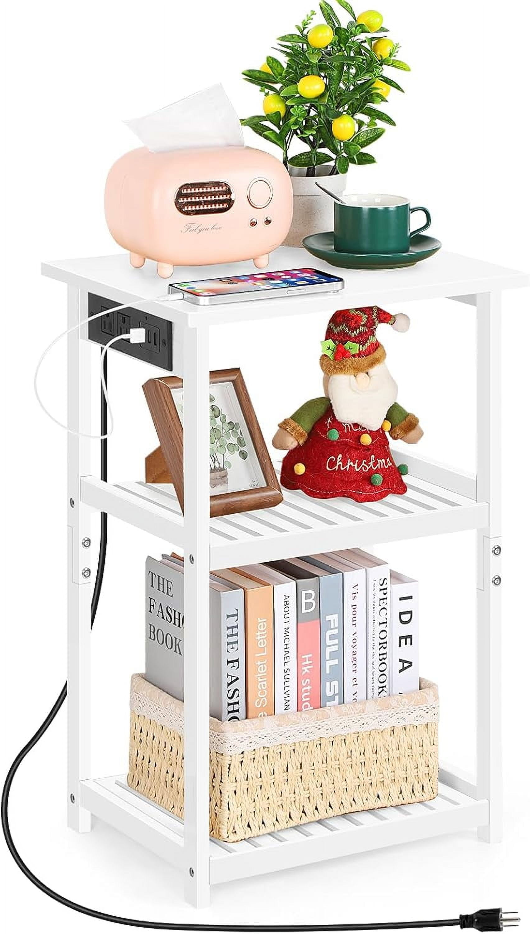 melos End Table with Charging Station, 3 Tier Bamboo Nightstands ...