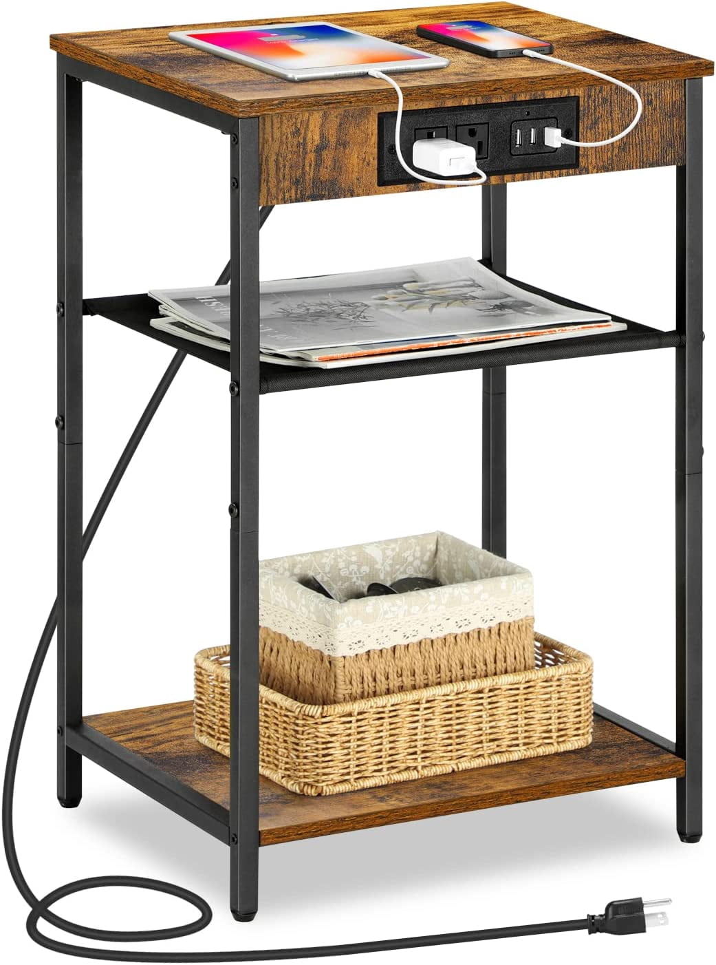 melos Nightstand with Charging Station, 3 Tier End Table with USB Ports ...