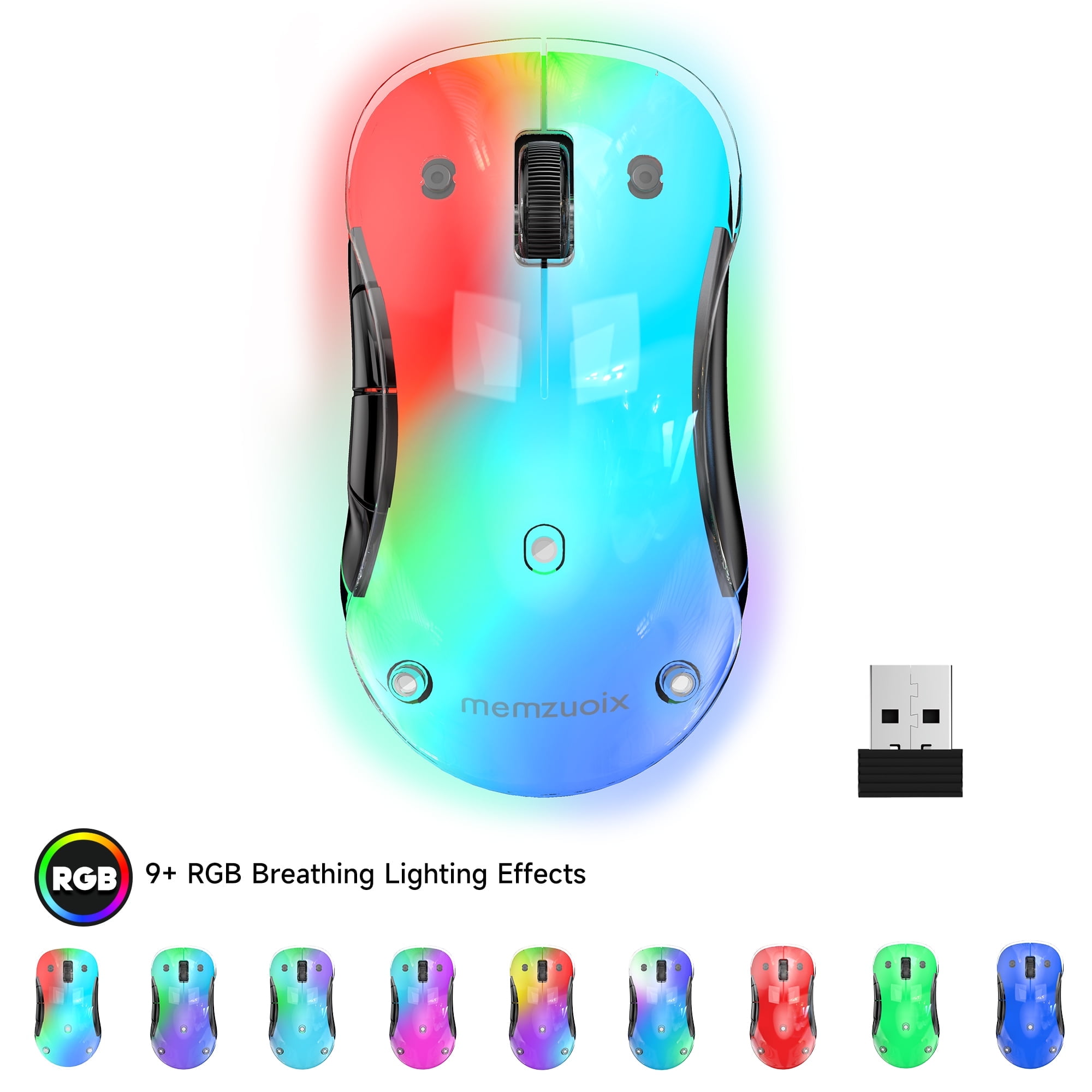 memzuoix LED Wireless Mouse, 9-Color Gradient RGB Light, 1200 DPI ...