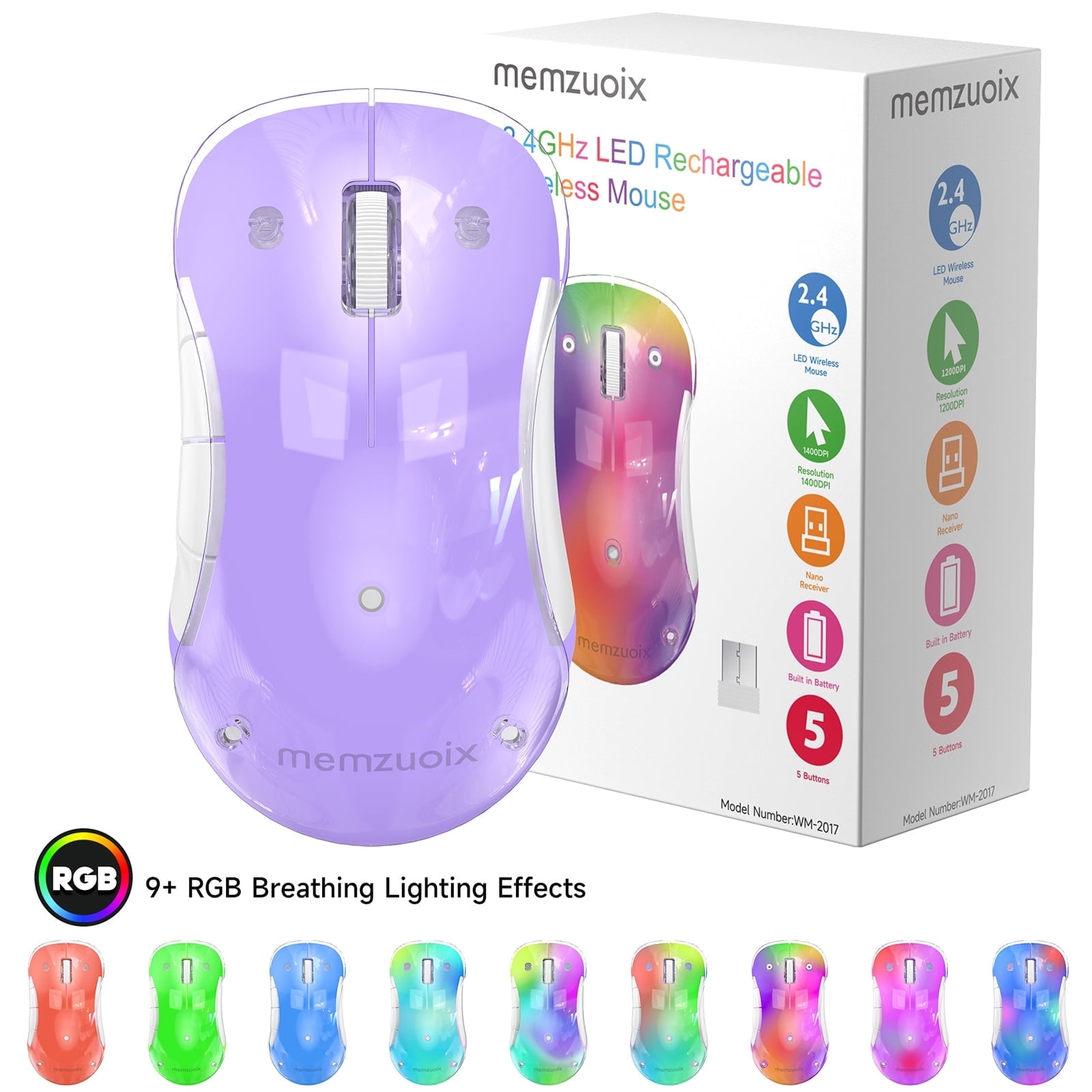 memzuoix LED Rechargeable Wireless Mouse, 9-Color Gradient RGB Light ...