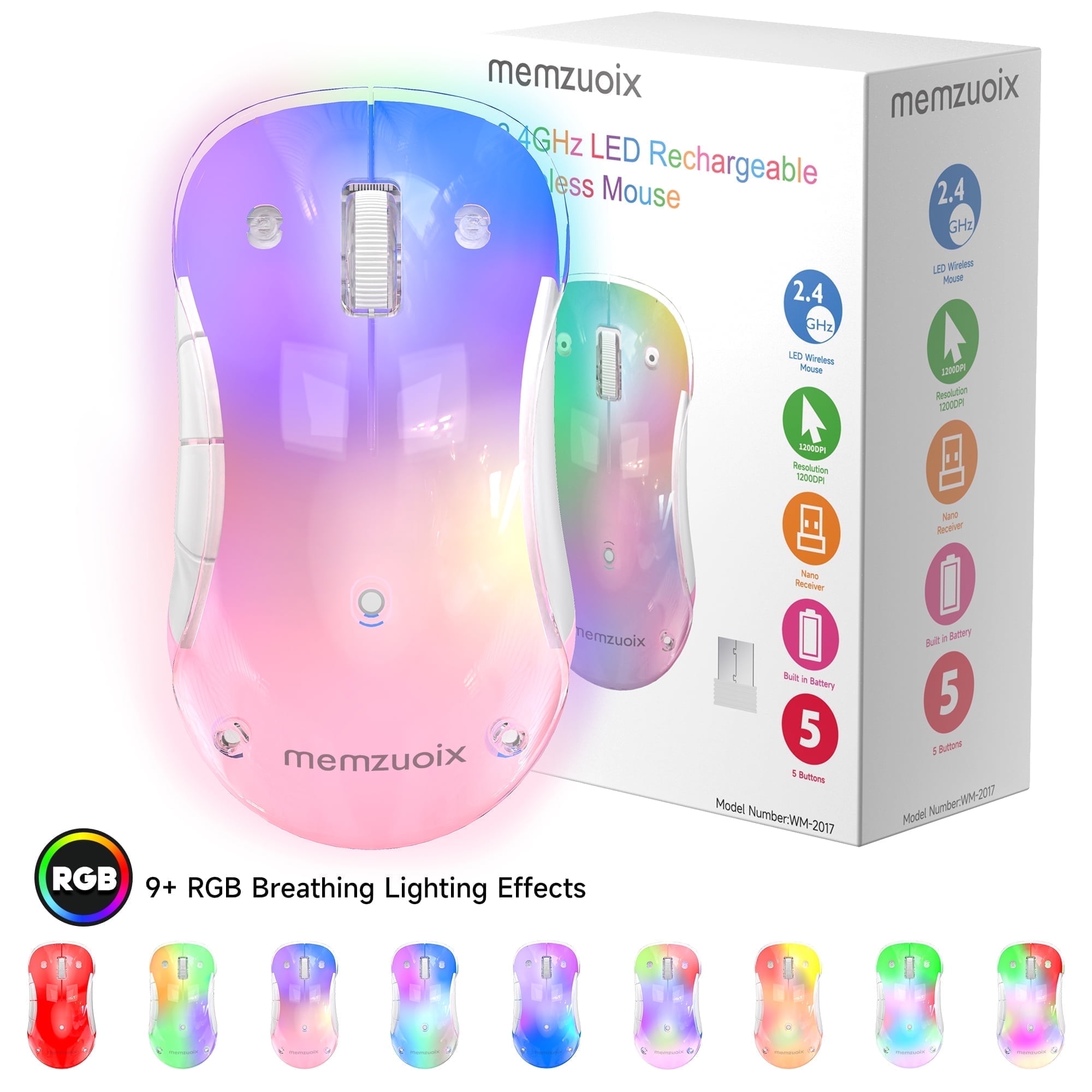 memzuoix LED Rechargeable Wireless Mouse, 9-Color Gradient RGB Light ...