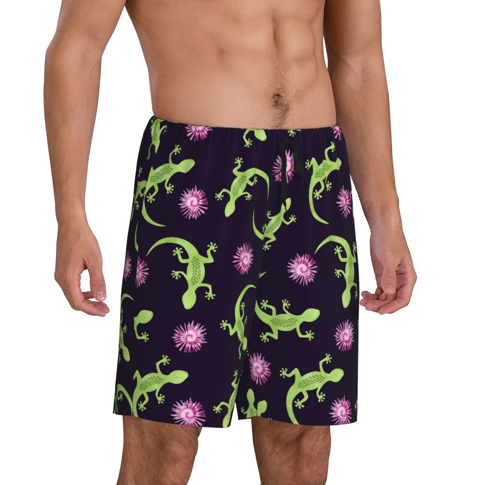 Mens Pajama Pants - Cute Lizard Gecko Floral Pink Comfy Sleep Shorts ...