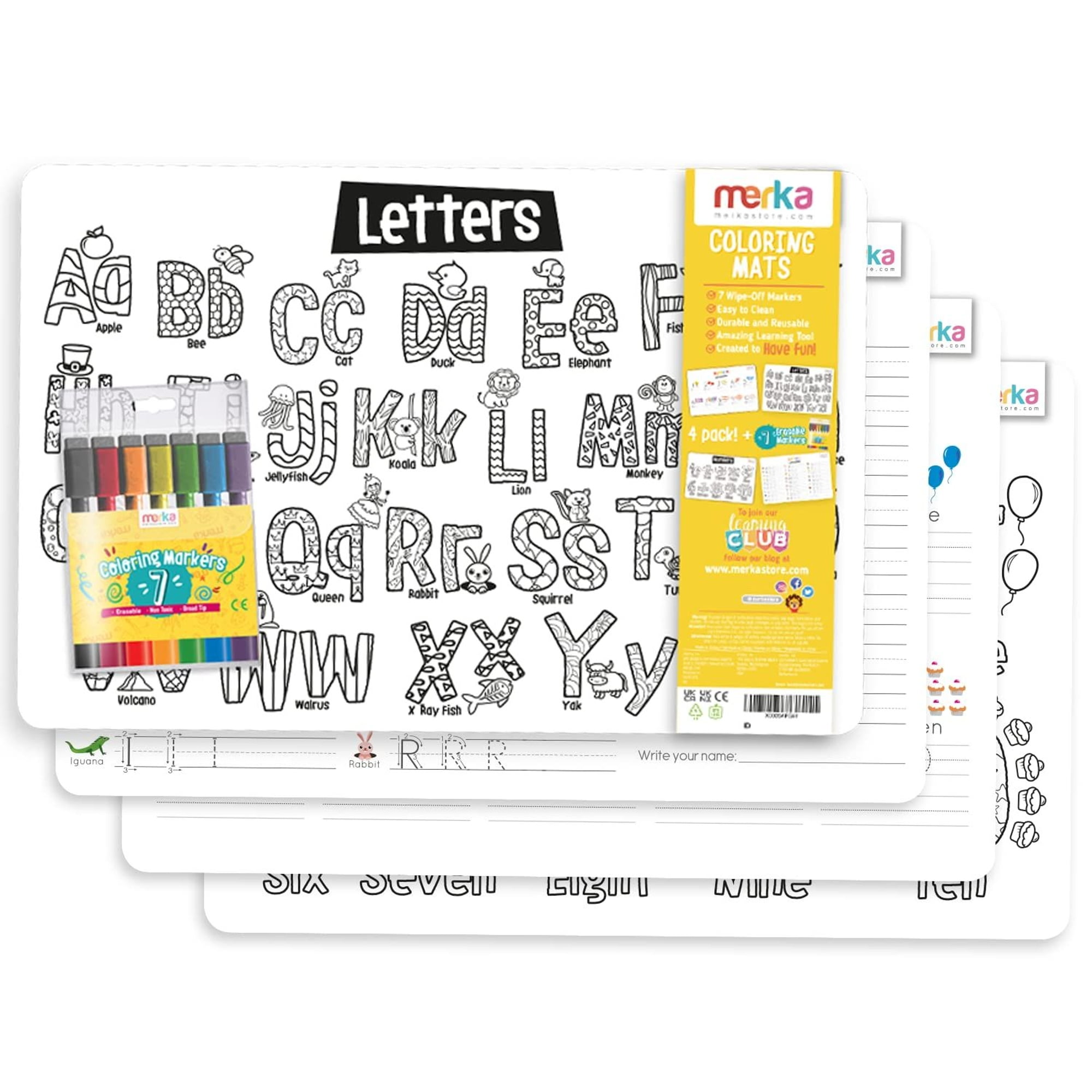merka 4 Pack Educational Placemats for Kids with 7 Dry Erase Markers ...