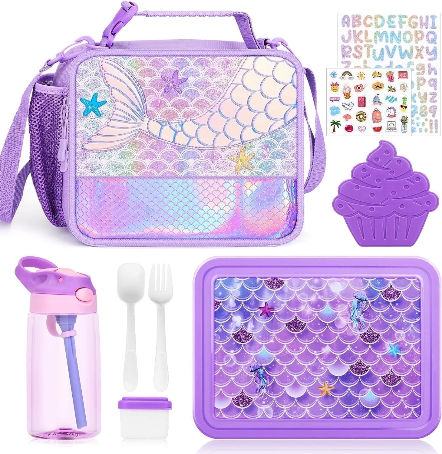 JYPS Mermaid Bento Box with Insulated Lunch Bag, 6-Compartment Food ...